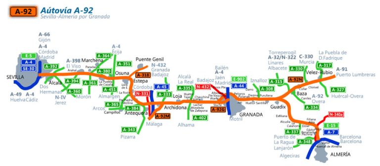 Autovía A-92 (España) (actualizado 2025) | Salidas, peajes, radares ...